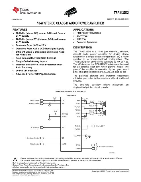 10W Stereo Class-D Audio Power Amplifier - Texas Instruments