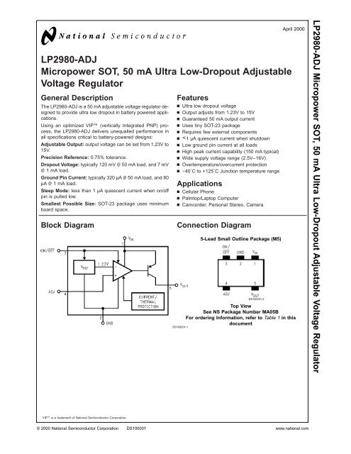 LP2980-ADJ Micropower SOT, 50 mA Ultra Low-Dropout Adjustable ...