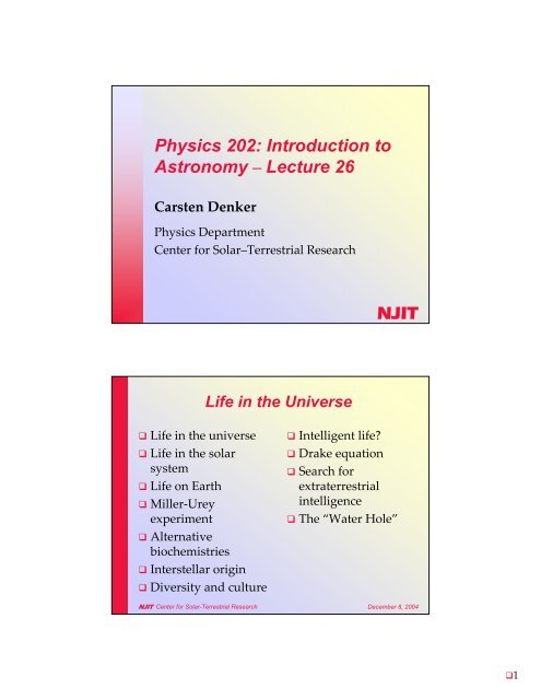 NJIT Physics 202: Introduction to Astronomy – Lecture 26