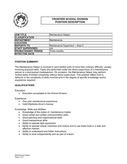 Maintenance Helper - Frontier School Division