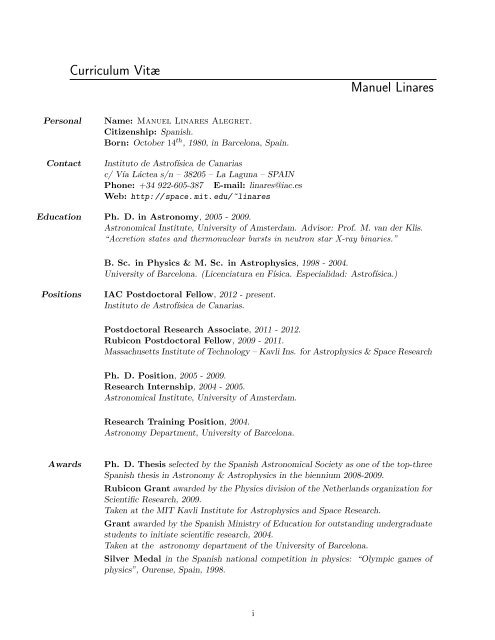 Curriculum Vitæ Manuel Linares - MIT Kavli Institute for Astrophysics ...