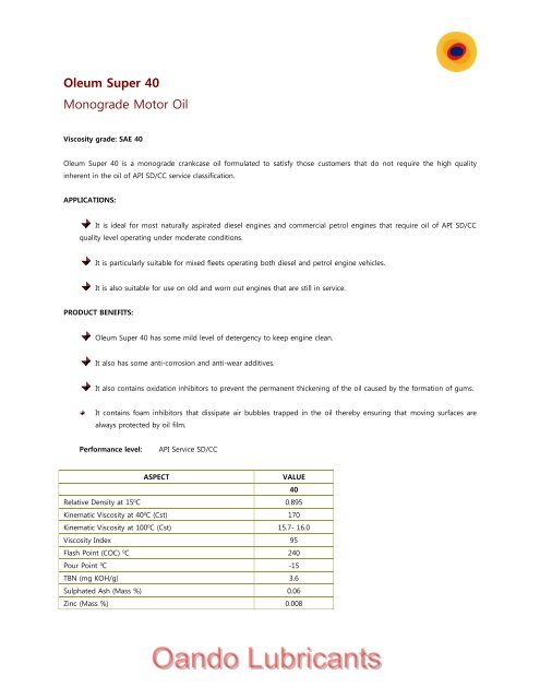 Oleum Super 40 Monograde Motor Oil