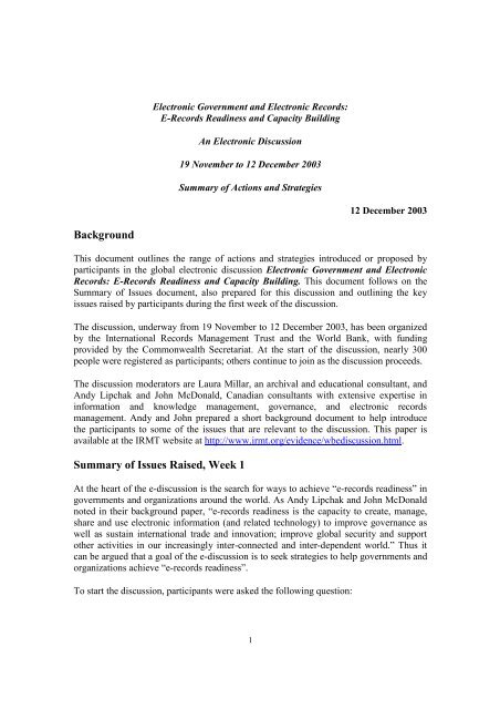 Background Summary of Issues Raised, Week 1 - International ...