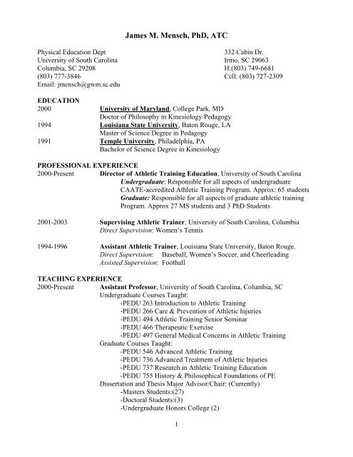 James M. Mensch, PhD, ATC - College of Education - University of ...