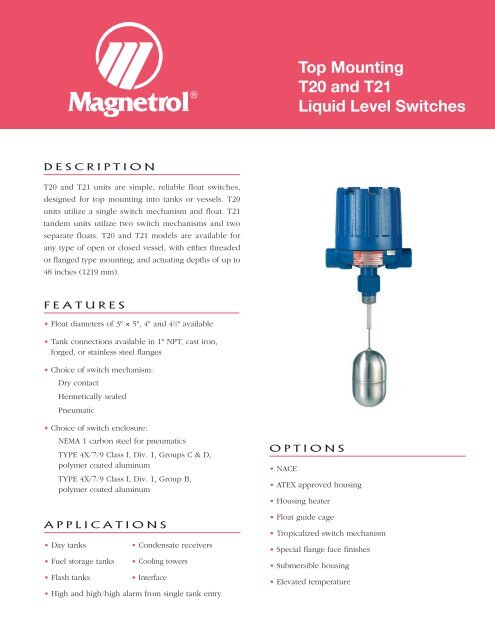44-117 Top Mounting T20 and T21 Liquid Level Switches