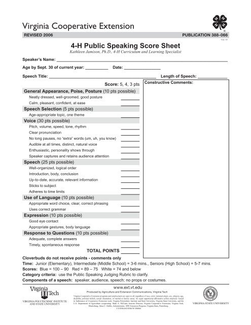 Public Speaking Score Sheet - Virginia Tech