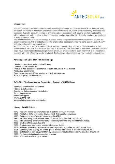 CdTe Solar Module Manufacturing - Antec Solar