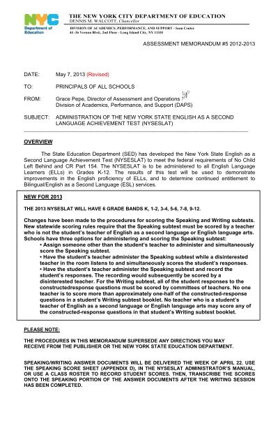 Memo #5 NYSESLAT - New York City Department of Education