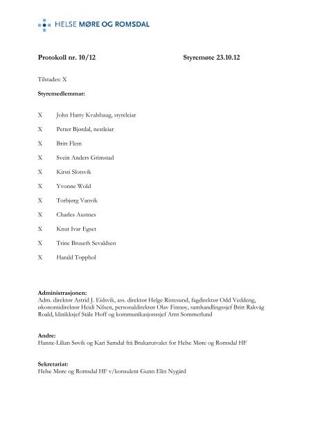 Protokoll styremøte - Ekstranett - Helse Midt-Norge