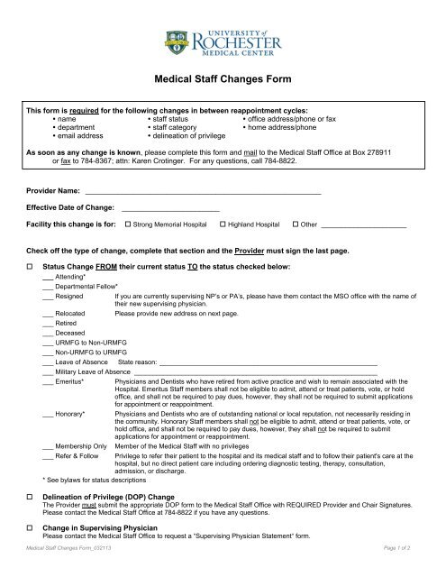 Medical Staff Changes Form - Extranet