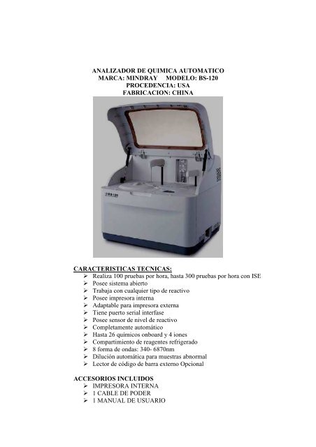 ANALIZADOR DE QUIMICA BS-120 MINDRAY - medicomercio