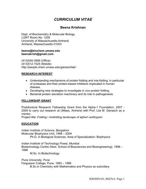 CV Beena Krishnan - University of Massachusetts Amherst