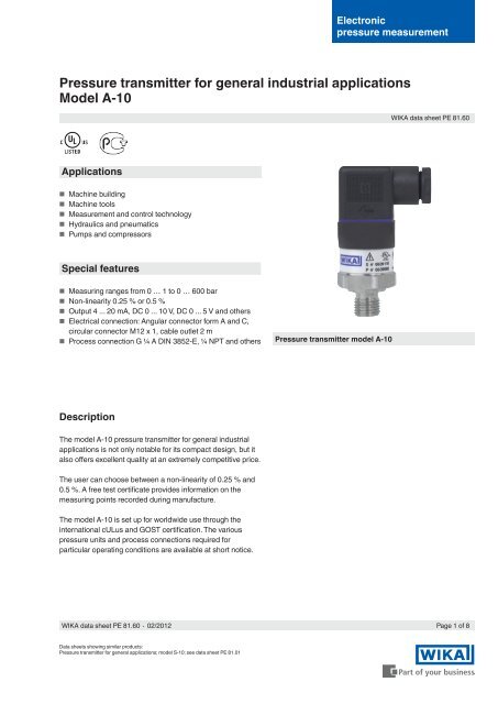 Pressure transmitter for general industrial applications Model A-10