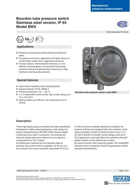 Bourdon tube pressure switch Stainless steel version, IP 65 Model ...