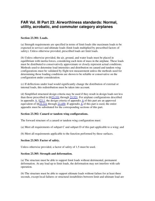 FAR Vol. III Part 23: Airworthiness standards: Normal, utility ...