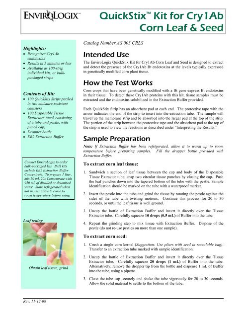 QuickStix™ Kit for Cry1Ab Corn Leaf & Seed - EnviroLogix