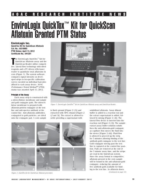 EnviroLogix QuickTox™ Kit for QuickScan Aflatoxin Granted PTM ...