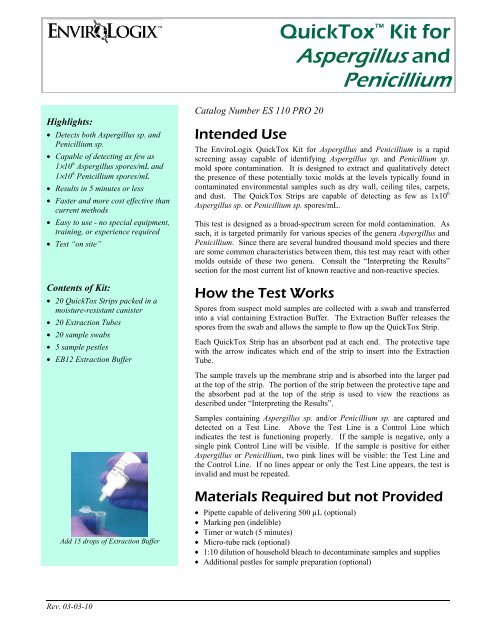 QuickTox Kit for Aspergillus and Penicillium - EnviroLogix