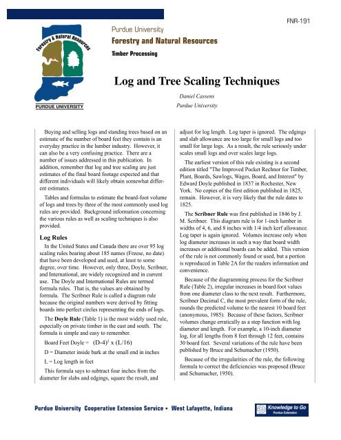 Log and Tree Scaling Techniques FNR-191 - Purdue Extension ...