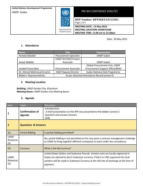 Pre-bid Conference Minutes - UNDP Sudan Intranet - United ...