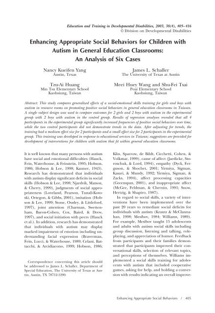 Enhancing Appropriate Social Behaviors for Children with Autism in ...