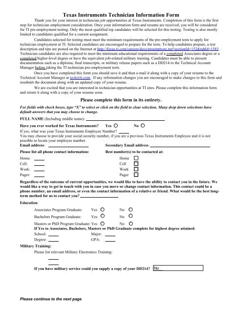 TEXAS INSTRUMENTS VERIFICATION FORM