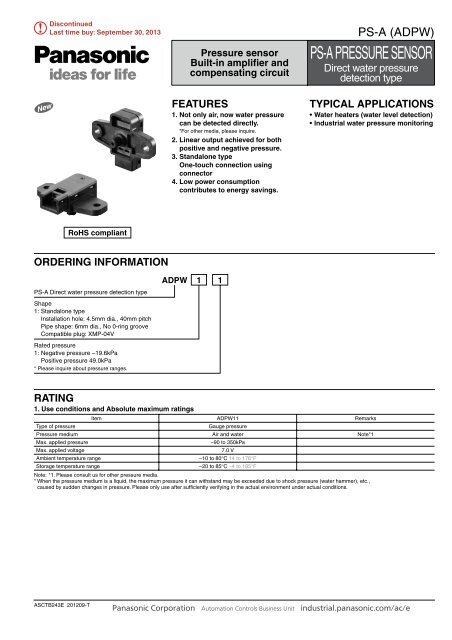 PS-A PRESSURE SENSOR Direct water pressure detection type