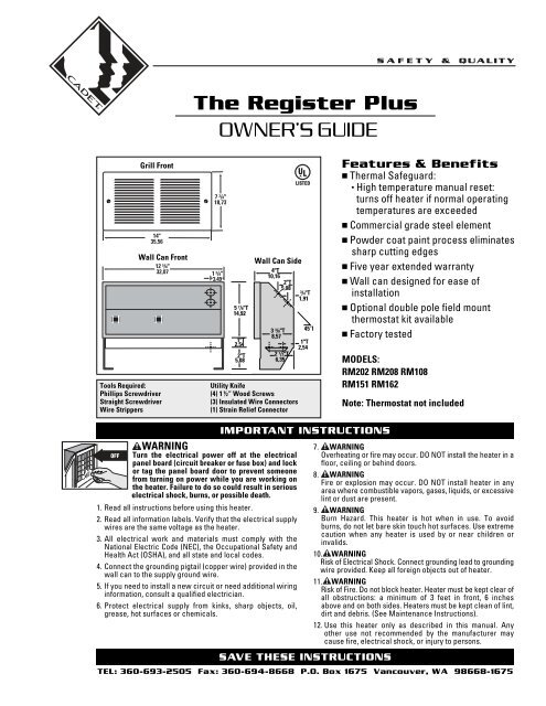OWNER'S GUIDE The Register Plus - Cadet Manufacturing