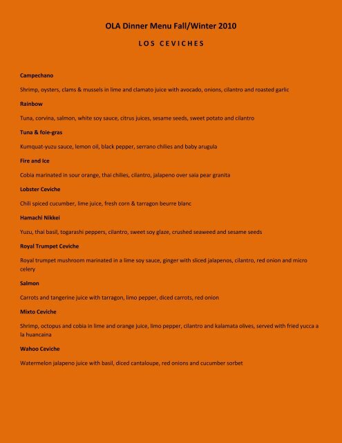 OLA Dinner Menu Fall/Winter 2010 - City Video Guide