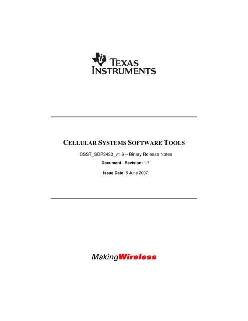 CELLULAR SYSTEMS SOFTWARE TOOLS - Texas Instruments