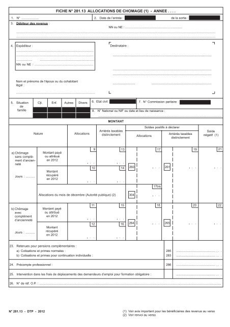 FICHE N° 281.13 ALLOCATIONS DE CHOMAGE (1 ... - Fiscus.fgov.be