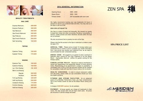 Zen Spa Pricelist - Linara Travel