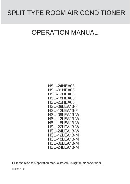 Split Type Room Air Conditioner Operation Manual