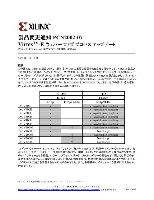 Xilinx PCN2002-07: Virtex-E Wafer Fabrication Update