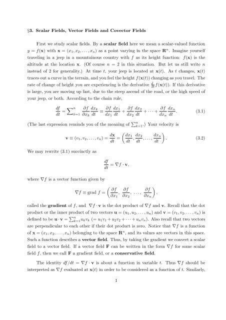 §3. Scalar Fields, Vector Fields and Covector Fields First we study ...