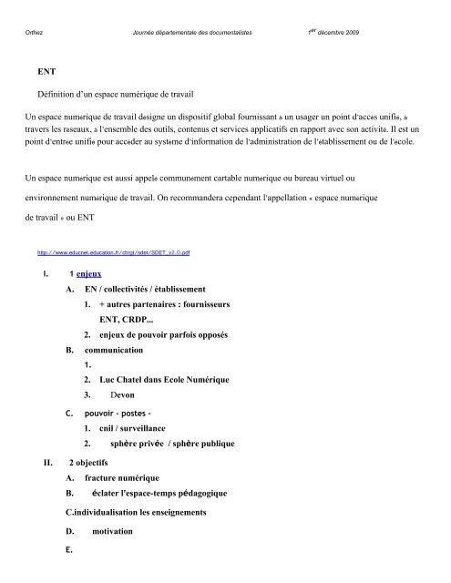 ENT Définition d'un espace numérique de travail Un espace ...
