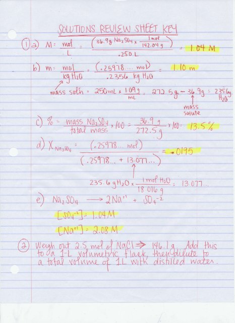Solutions Review Sheet Answer KEY