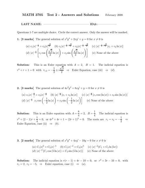 MATH 3705 Test 2 - Answers and Solutions