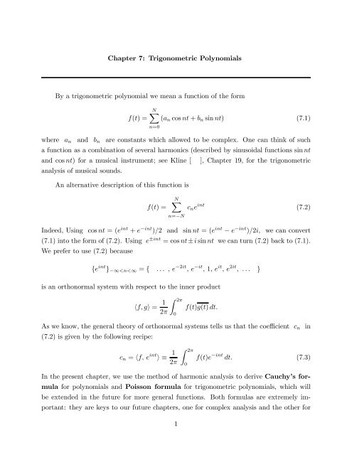 Chapter 7: Trigonometric Polynomials By a trigonometric polynomial ...