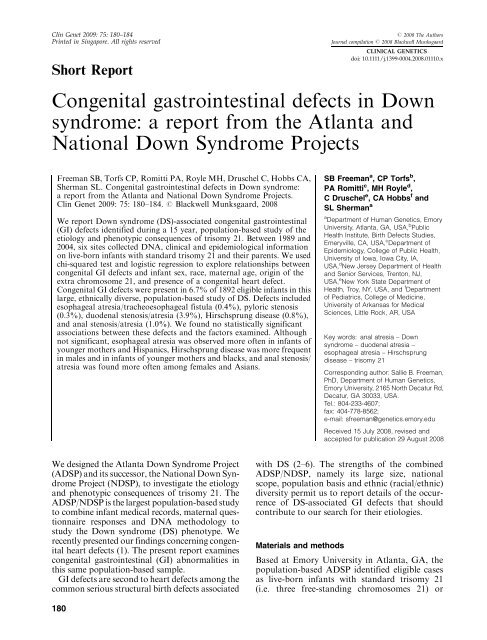 Congenital gastrointestinal defects in Down syndrome - Emory ...