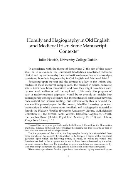 Homily and Hagiography in Old English and Medieval Irish: Some ...