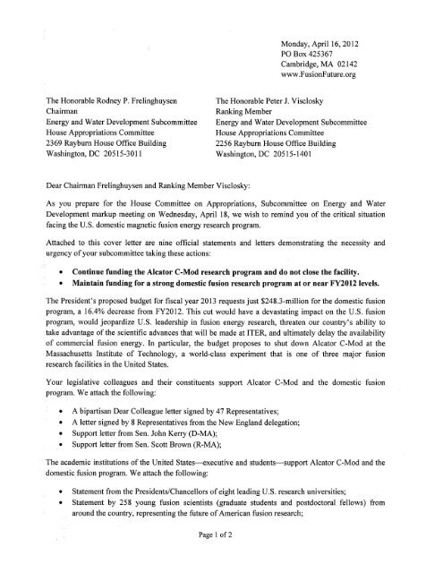 Letters to Congress urge support for a Strong US Fusion Research ...