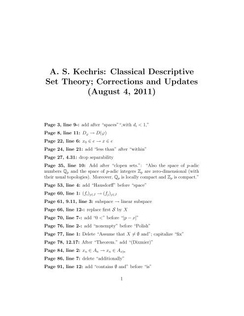 A. S. Kechris: Classical Descriptive Set Theory; Corrections and ...