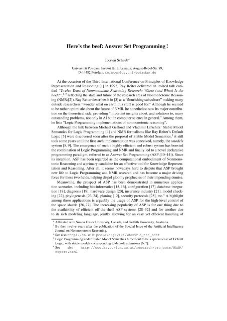 Here's the beef: Answer Set Programming ! - Institut für Informatik ...
