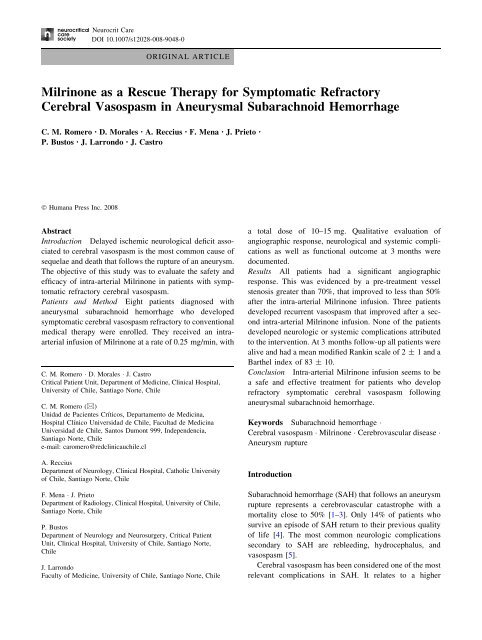 Milrinone as a Rescue Therapy for Symptomatic Refractory Cerebral ...