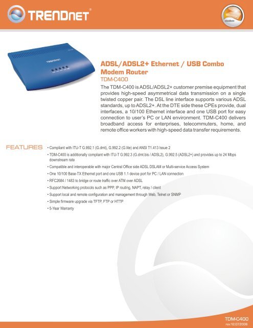 ADSL/ADSL2+ Ethernet / USB Combo Modem Router - TRENDnet
