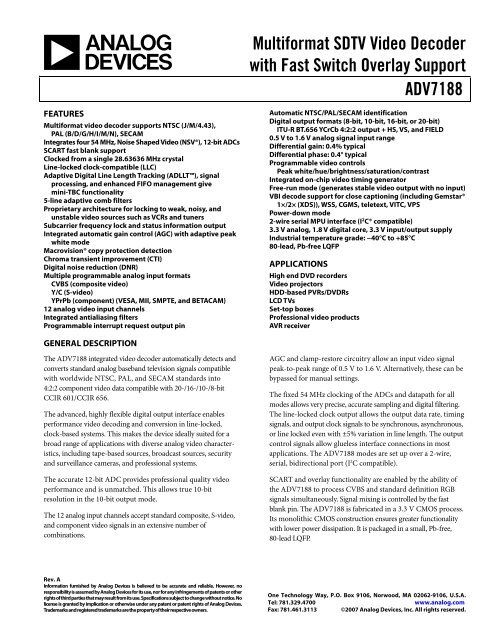 ADV7188 Multiformat SDTV Video Decoder with ... - Analog Devices