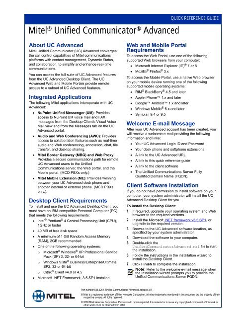 Mitel UC Advanced 3.0 Quick Reference Guide - Mitel Edocs