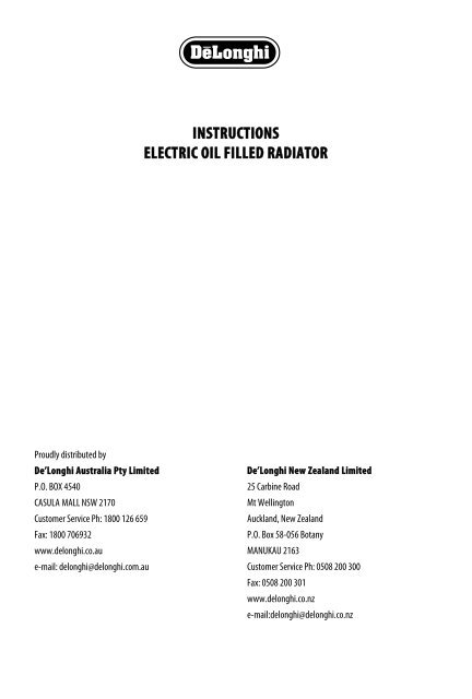 INSTRUCTIONS ELECTRIC OIL FILLED RADIATOR - Australia