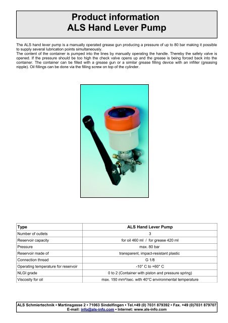 Product information ALS Hand Lever Pump